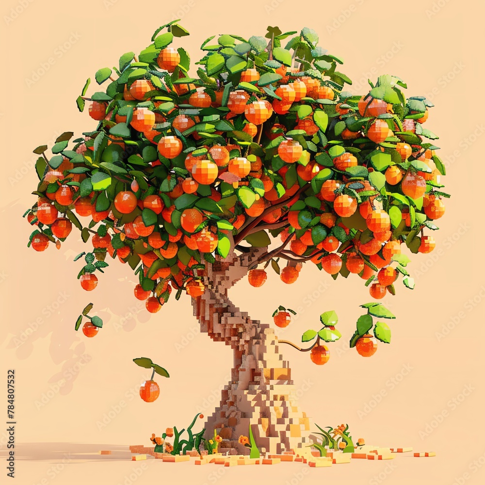 Produce a digital pixel art piece depicting a pixelated fruit tree with ...