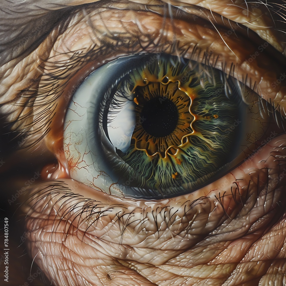 Produce a realistic oil painting depicting the gradual loss of vision ...