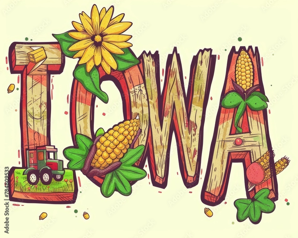 Colorful illustrated letters spelling IOWA featuring farming symbols ...