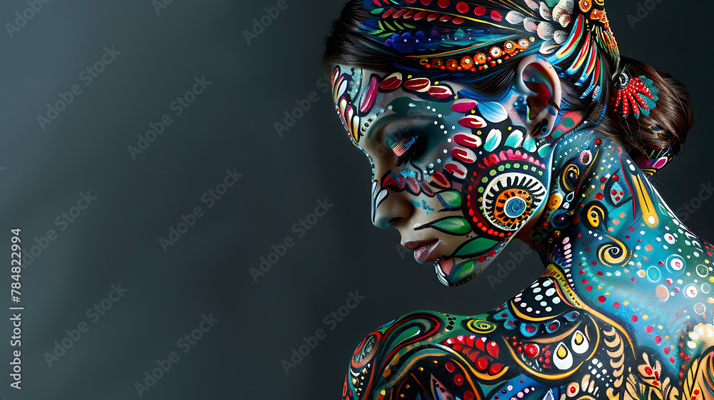An intriguing image capturing the artistry of a woman adorned with ...