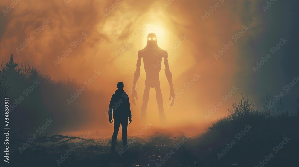 A person stands in awe their back facing us as they witness a close ...