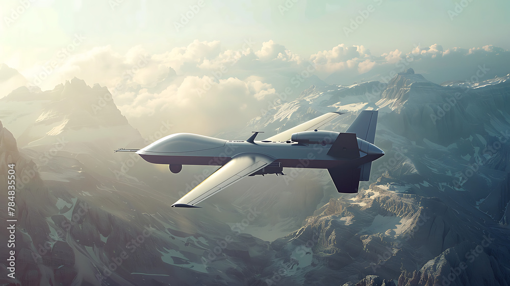 A futuristic image featuring a military drone hovering silently in the ...