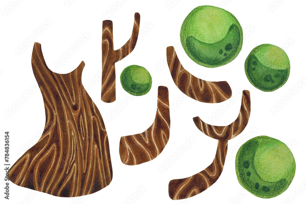 Set of tree constructor, trunk, branches, crown. Hand drawn watercolor ...