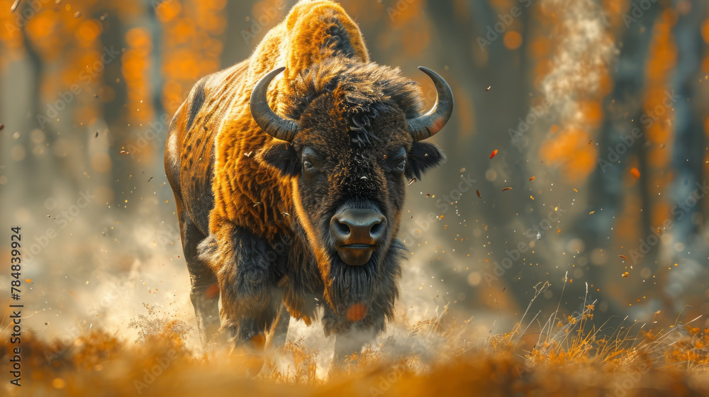 angry european bison charging at the camera,generative ai Stock ...