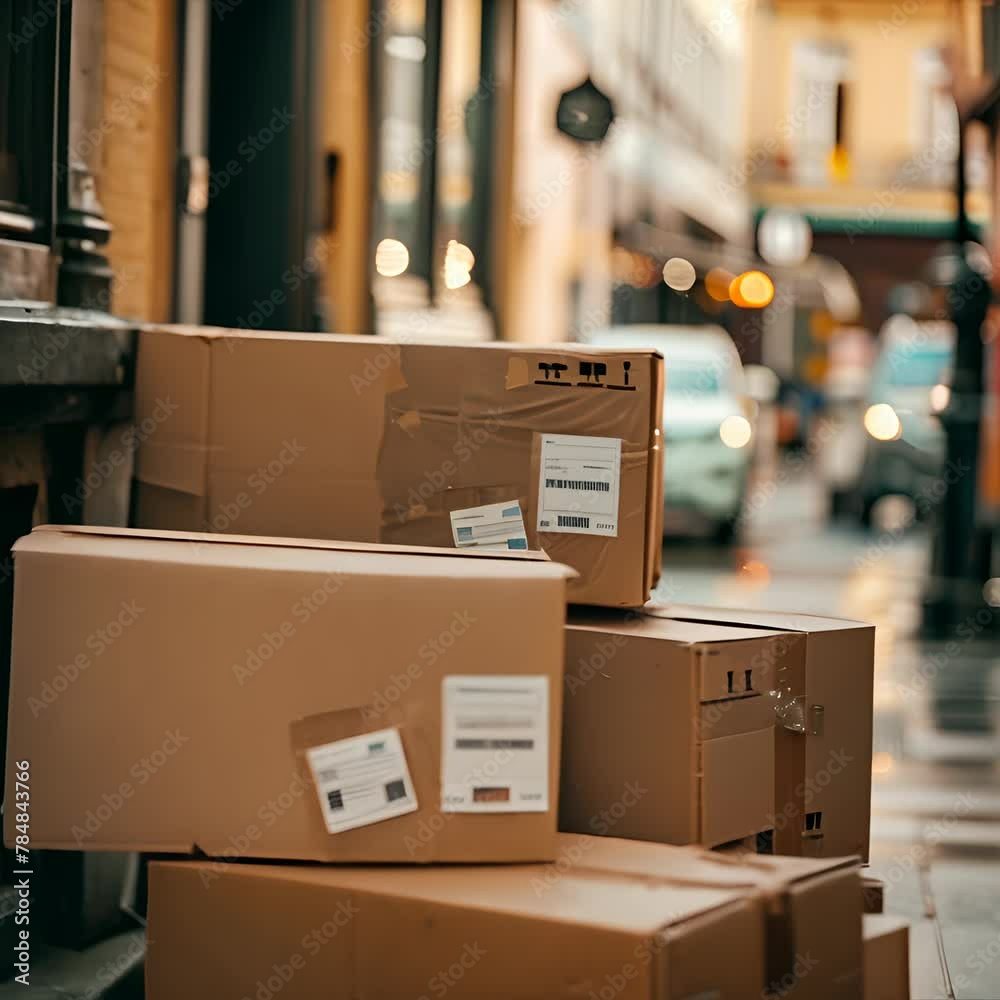 Stacked delivery boxes on a city sidewalk with bustling street in the ...