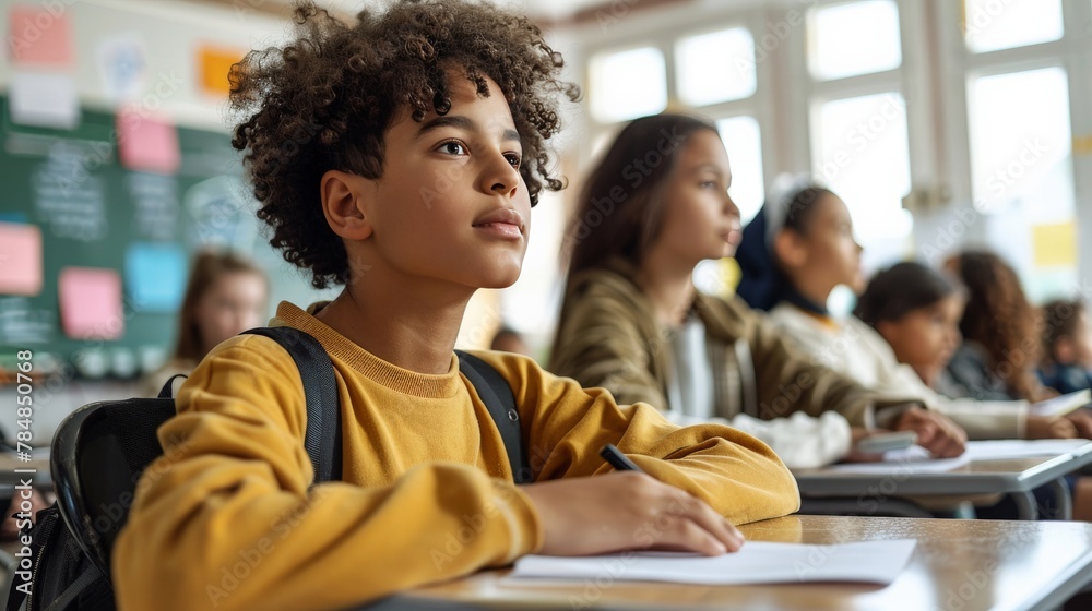 A classroom scene with students of diverse ethnicities and abilities ...