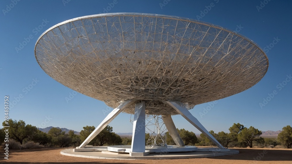 Large satellite dish, standing prominently against backdrop of clear ...