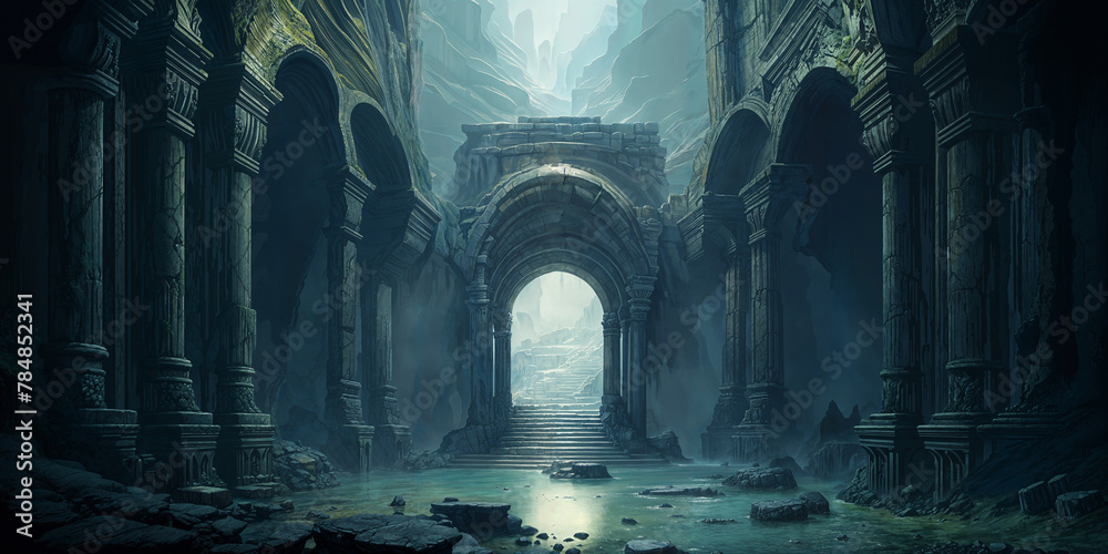 Misty mountain cave chamber with mysterious underground entrance, large ...