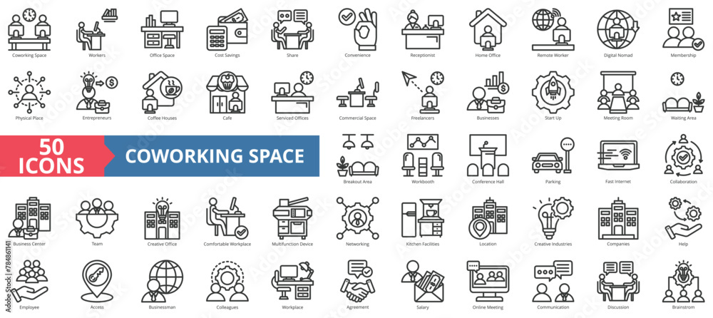 Coworking space icon collection set. Containing workers, cost savings ...