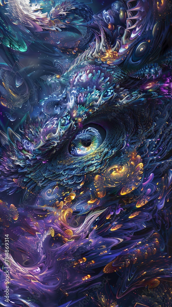 Capture a high-angle view of mystical creatures intertwined with ...