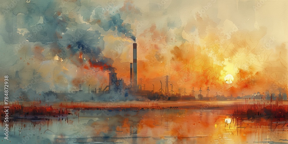 Geothermal power station at dawn, steam rising against the light of the ...