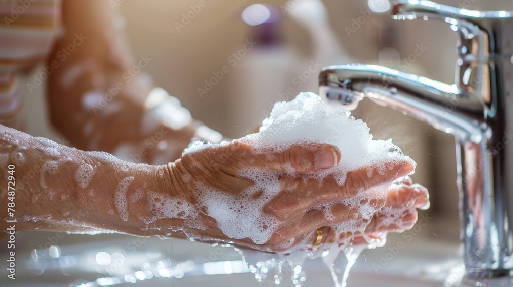 Wash hands with soap and wash with running water. Close up of women ...