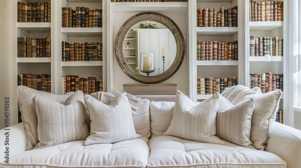 In a cozy reading nook two identical bookshelves are p on either side ...