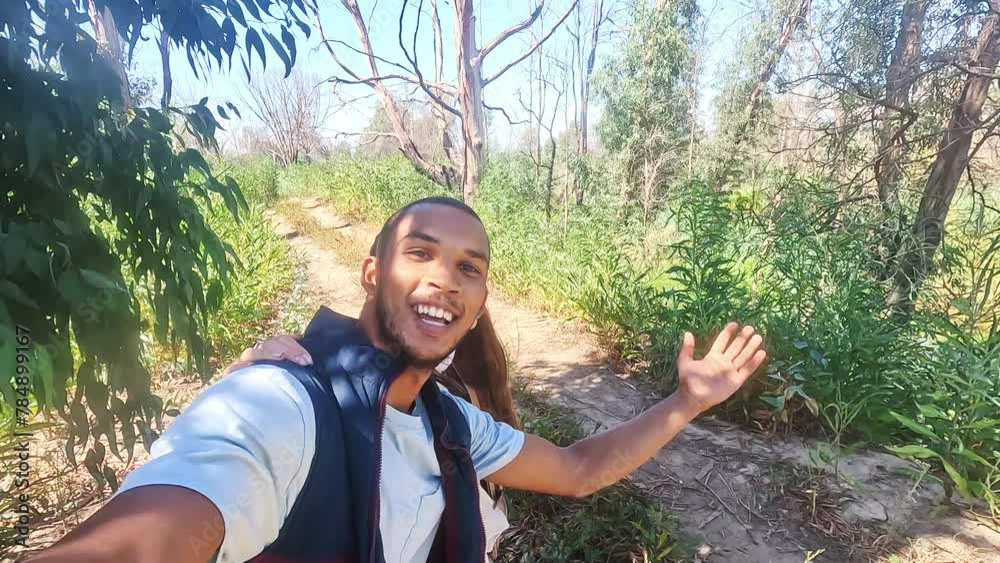 Face, vlogging and live streaming greeting with couple, online and eco ...