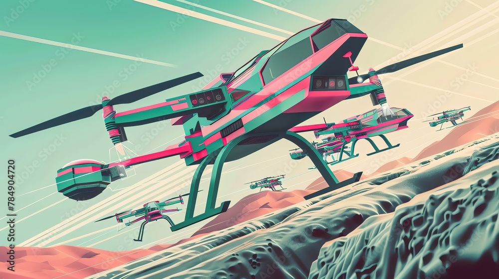 Emergency response drones fly over a disaster area, their cameras and ...