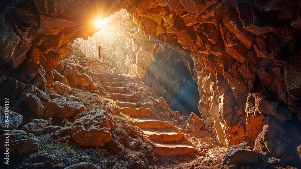 A stone tunnel filled with light beams protruding from within an empty ...