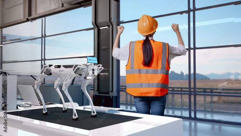 Full Body Back View Of A Female Engineer With Safety Helmet Raising Her ...