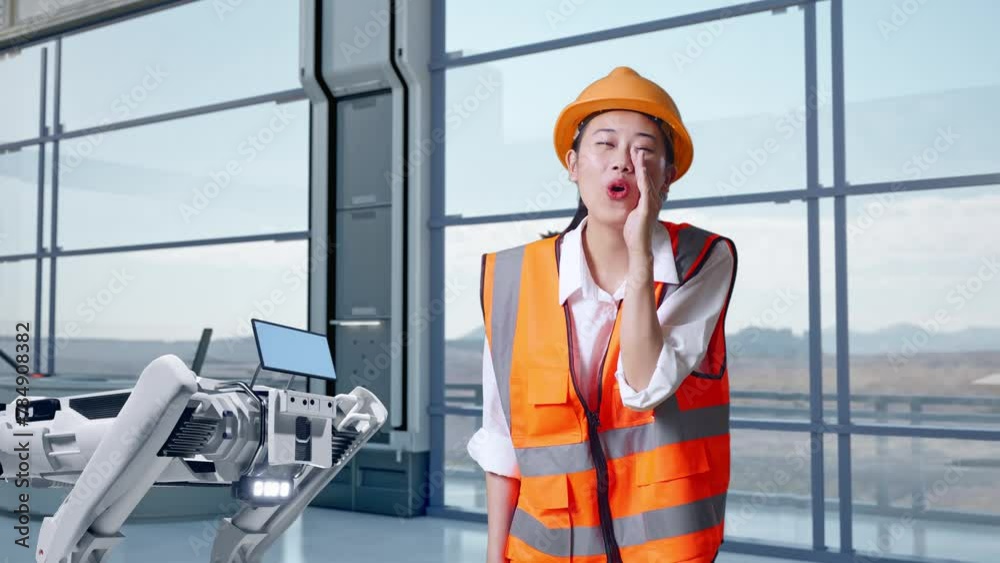 Vidéo Stock Asian Female Engineer With Safety Helmet Yelling With Hand ...