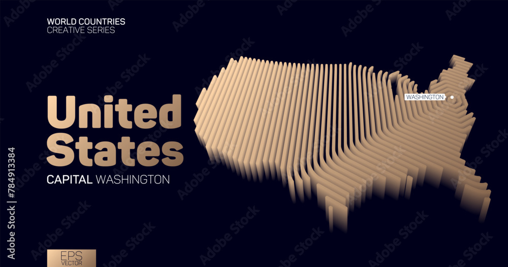 Isometric map of United States of America with golden hexagon lines ...