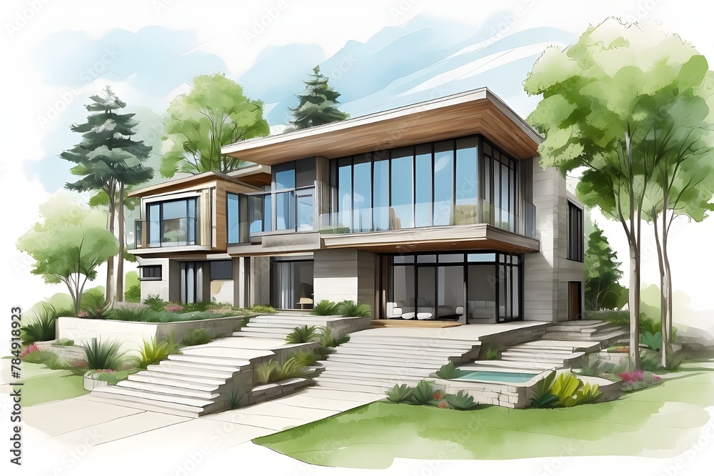 Top-notch modern house drawing with material sample on imaginative desk ...