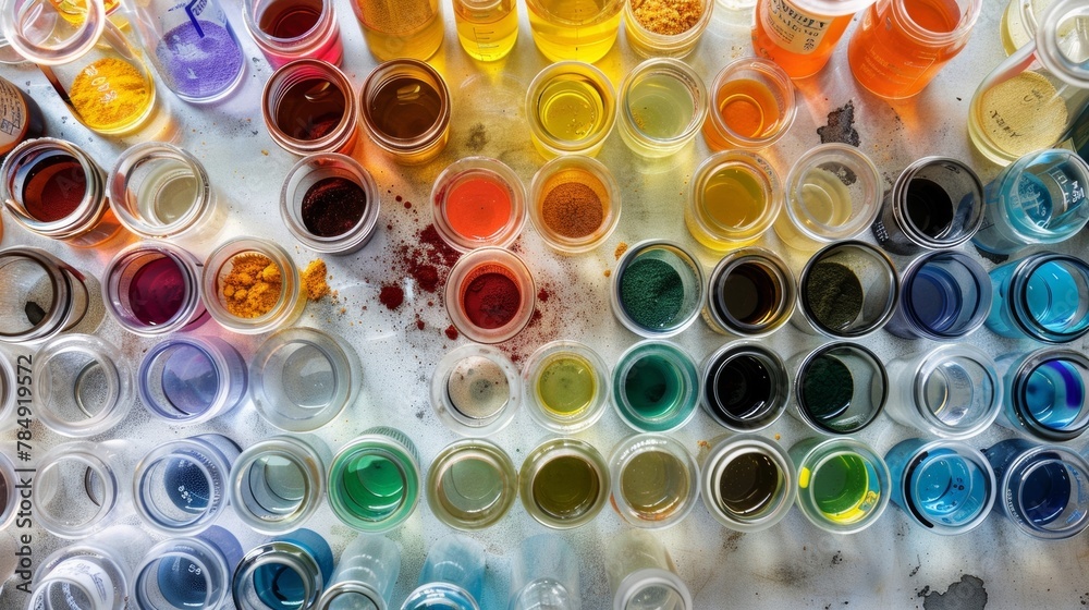 An overhead view of a lab bench covered in test tubes beakers and vials ...