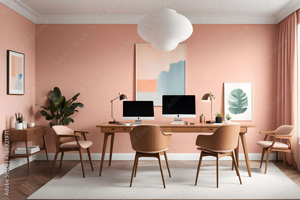 home office with painted walls in PEACH fuzz 2024 color trend rich ...