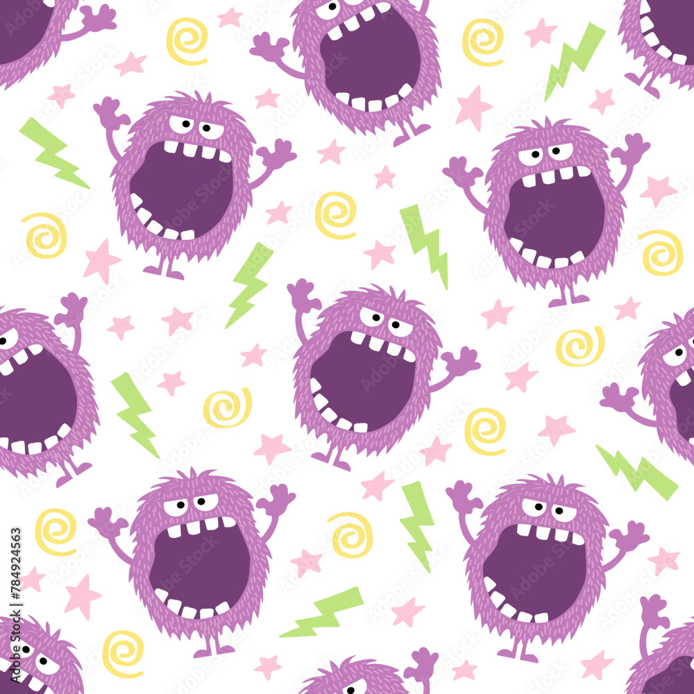 Monster seamless border pattern, funny purple fantasy animal squinting ...