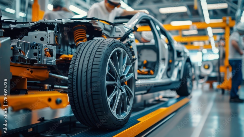 Technicians installing the battery pack into an electric vehicle as ...