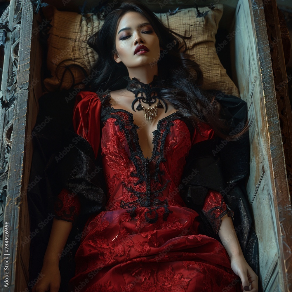 Beautiful Thai female vampire,long sharp fangs, wearing a red dress ...