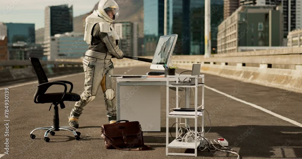 Destroy, tech and apocalypse with astronaut suit with protection from ...