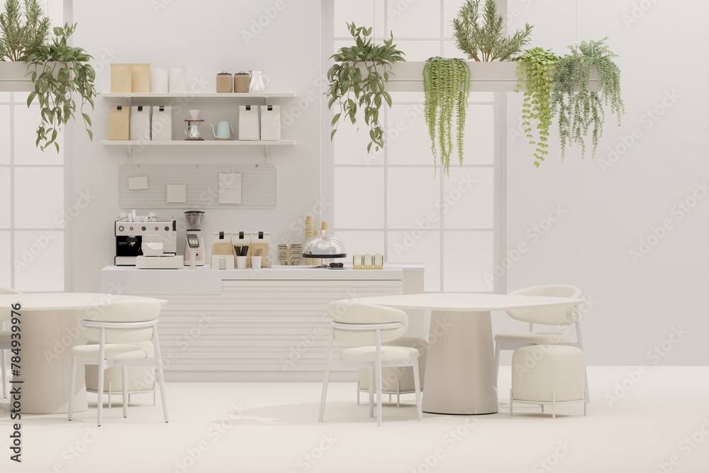 3D render modern white and beige style cafe counter with big window ...