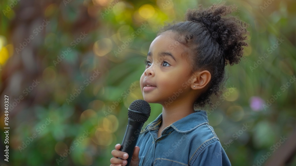 Girl hold microphone. Talent competition, public speaking Stock Photo ...