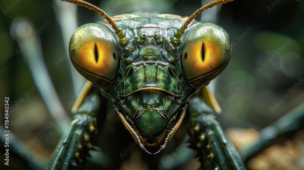 Mantis emerging from the shadows of a cave, its glowing eyes piercing ...