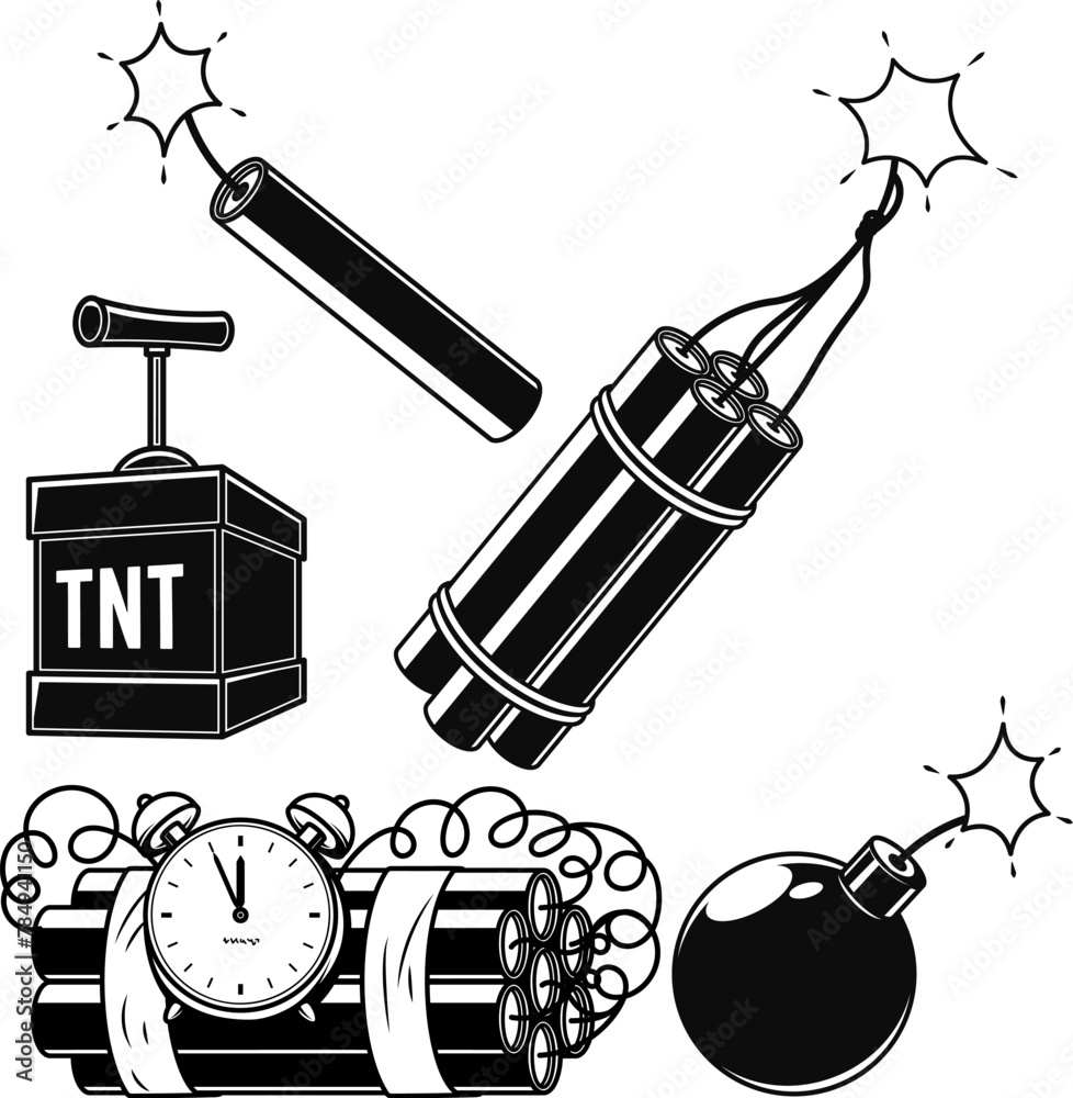 dynamite bomb tnt fire set cartoon. explosive fuse, explosion boom ...