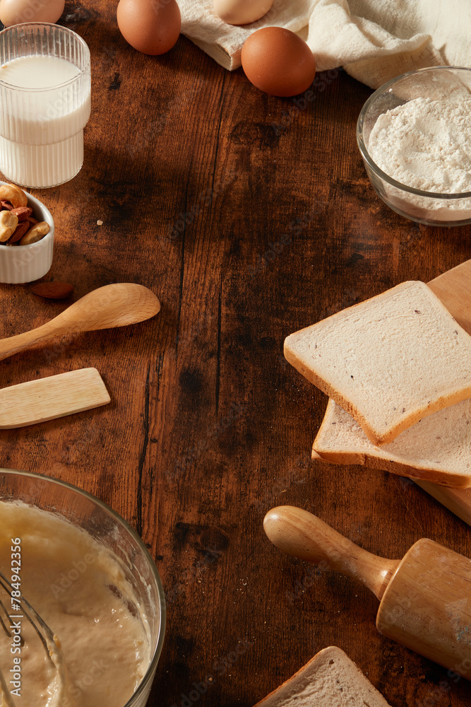 Flat lay layout of baking background in rustic kitchen with baking ...