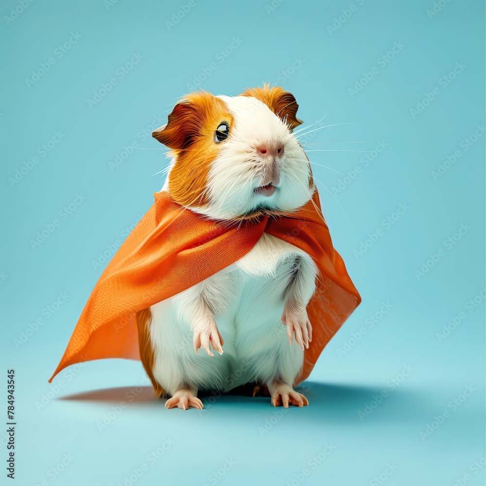 Guinea pig as a superhero, little cape fluttering, light blue ...