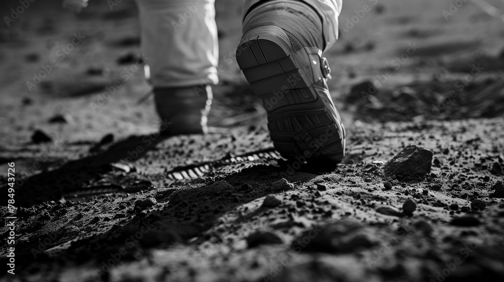 The astronaut's feet touch the surface of the moon, taking steps in a ...