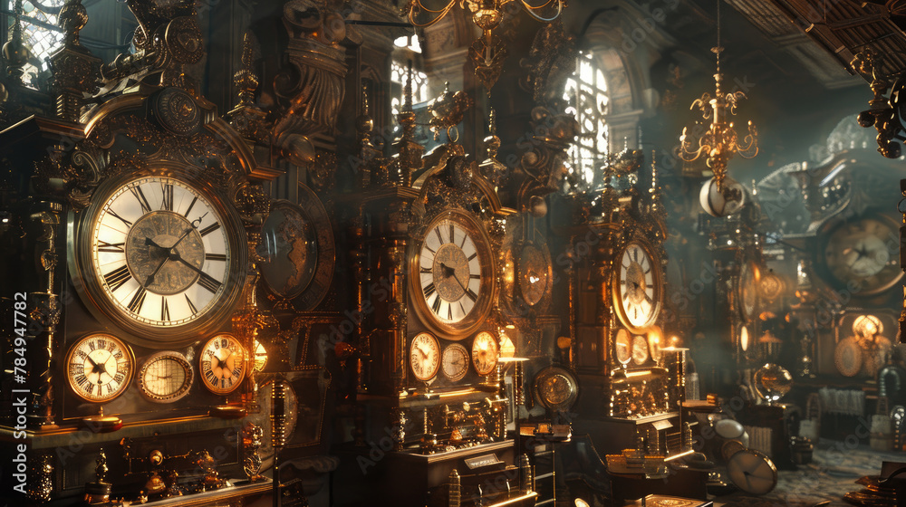 ภาพประกอบสต็อก Amidst a collection of mystical clocks, time bends to ...