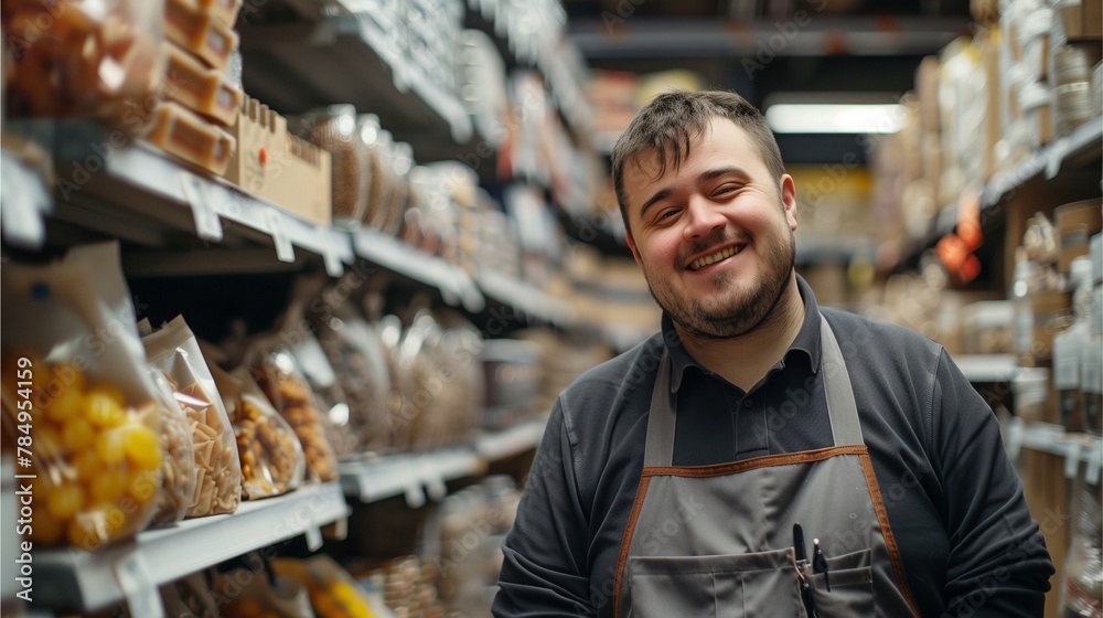 Smiling shoppers in a busy supermarket aisle browsing for groceries and ...