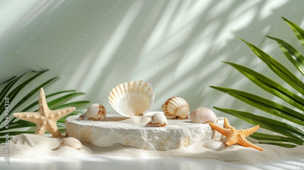 Empty stone platform podium with palm leaves sea shells and starfish on ...