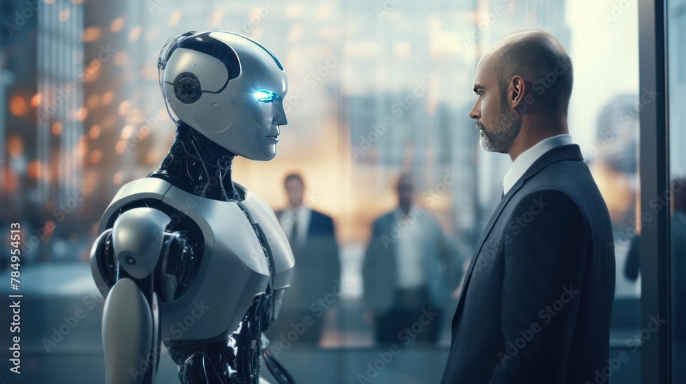 (AI) concept with futuristic humanoid robots and AI assistants ...