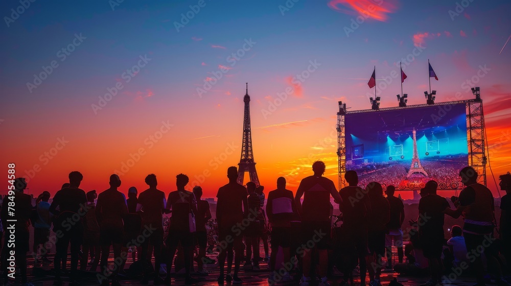 Crowd of spectators in silhouette watching a live broadcast of the ...
