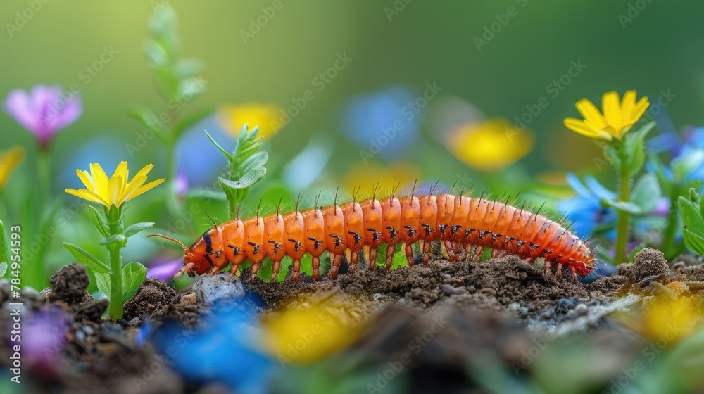 Centipede burrowing into the soft soil of a flowerbed, disappearing ...