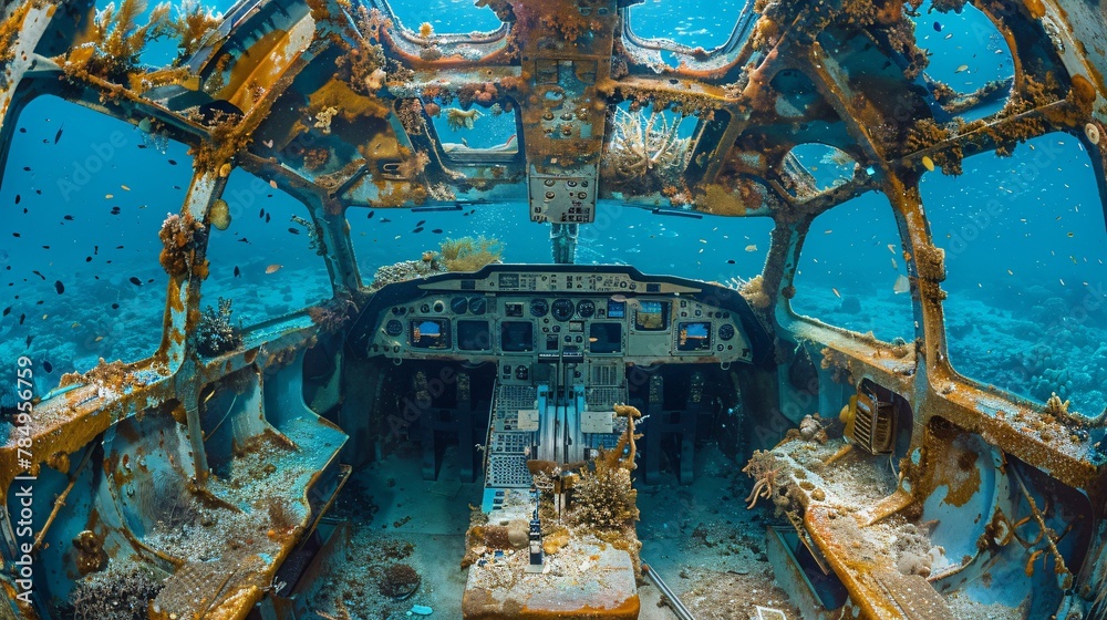 Underwater view of a sunken airplane coral growing through the cockpit ...