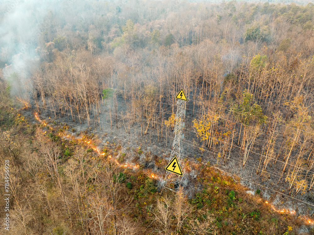 Bushfire is burning near power transmission tower line. Stock Photo ...
