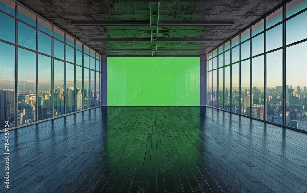 Studio room with green screen on an upper floor with a city background ...