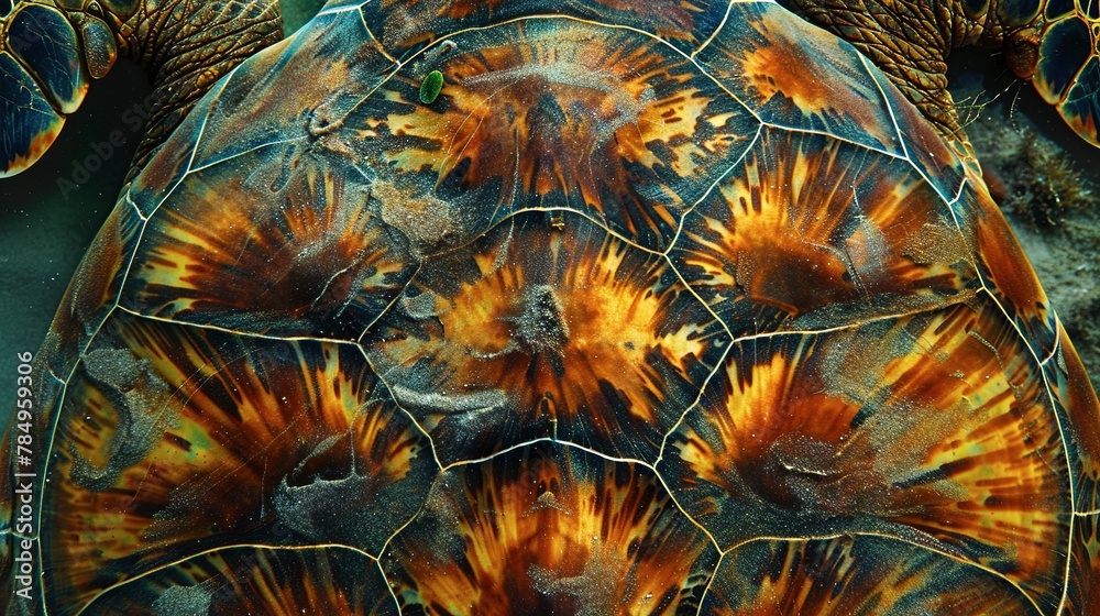 Sea Turtle Shell Patterns Close Up Ground Level Shot Ancient Mariner Geometric Beauty Stock