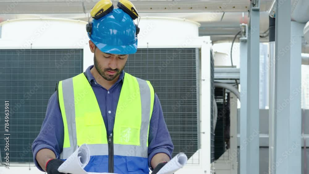 Serious asian guy engineer in uniform is checking construction plan or ...