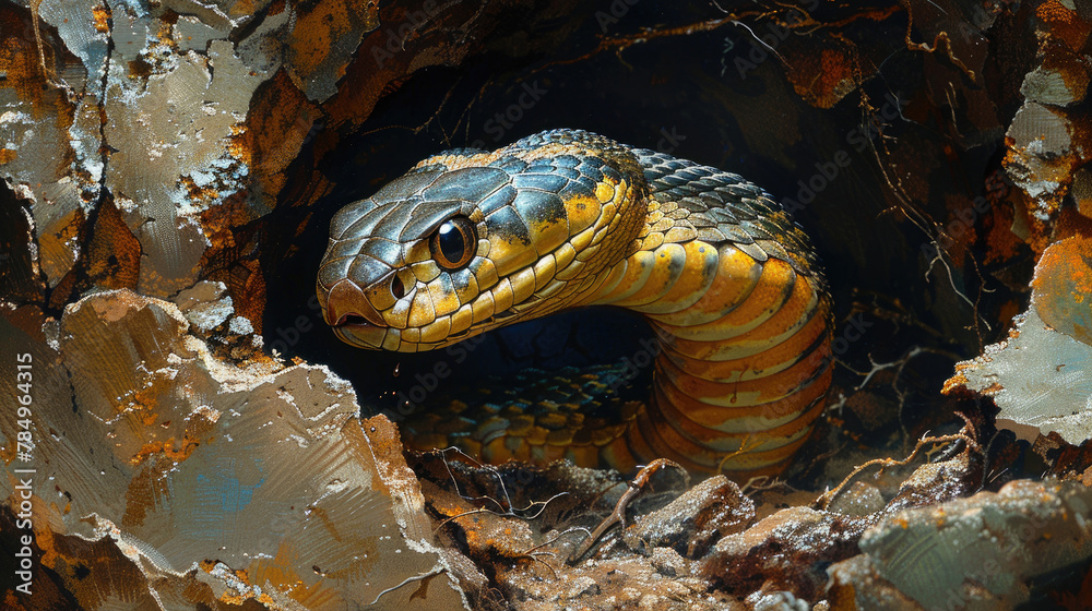 Monocled Cobra Emerges, Hood Flaring, Serrated Scales Gleaming in the ...