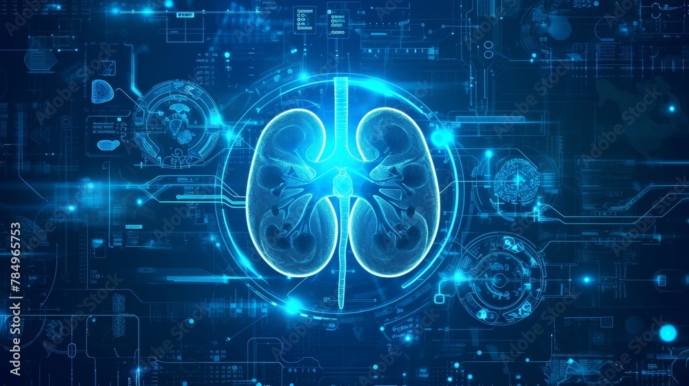 Futuristic medical research or kidney health care with diagnosis and ...
